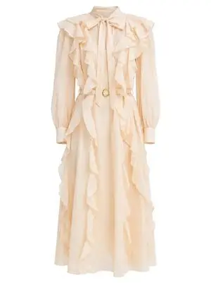 GEORGETTE Soft Peach Ruffle Midi Dress - Orange