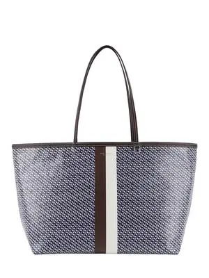 Tory Burch Racer Tote Shoulder Bag In Coated Canvas With Allover Logo - Blue