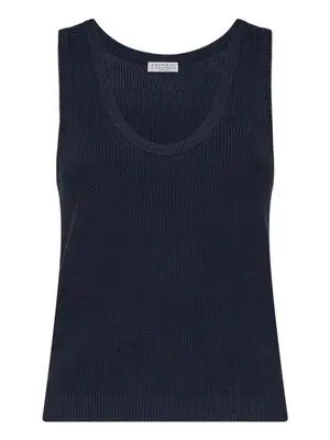 Brunello Cucinelli Blue Ribbed Cotton Knit Top - Multicolor
