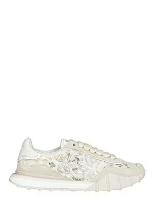 Dolce & Gabbana Beige And Chalk Lace And Calf Suede Low-top Sneakers - Multicolor