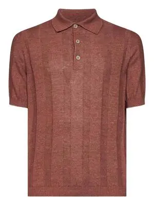 Brunello Cucinelli Terracotta Wide Ribbed Linen And Cotton Knit Polo Shirt - Multicolor