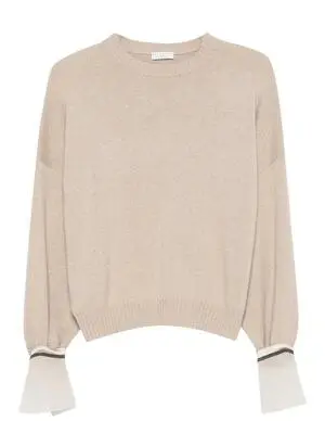 Brunello Cucinelli Cashmere Crew Neck Sweater With Monili Chain Embellishment - Cream