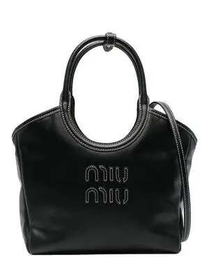 Miu Miu Calf Leather Tote Bag With Contrast Stitching - Black