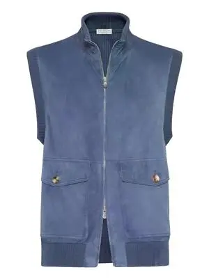 Brunello Cucinelli Suede Ribbed-trim Gilet - Blue