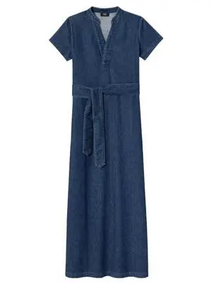 A.p.c. V-neck Denim Maxi Dress With Removable Belt - Indigo