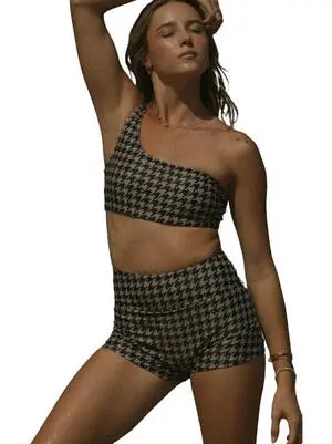 Geode Swimwear Bristol Bikini Top Houndstooth One-shoulder - Brown