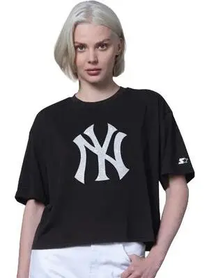STARTER New York Yankees Sequin Logo Cropped T-shirt - Black