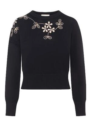 VERSATILE Embroidered Floral Front Knit Sweater - Black