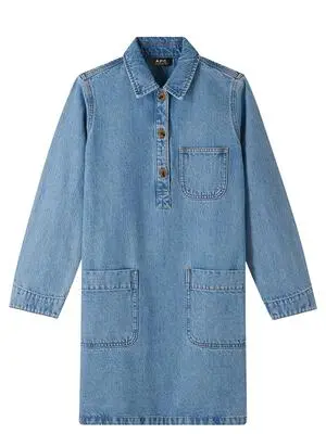 A.p.c. Flared Mid-thigh Denim Dress With Shirt Collar And Pockets - Indigo