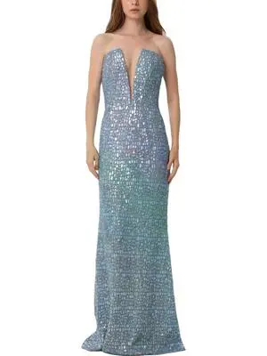 DINA MELWANI Crystal Embellished Mesh Maxi Dress - Blue