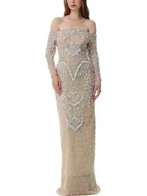 DINA MELWANI Crystal-embellished Off-shoulder Maxi Dress - Neutrals