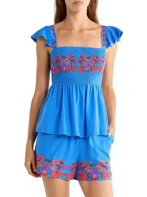 SUGARLIPS Isela Smocked Flutter Sleeve Top - Blue-red-multi