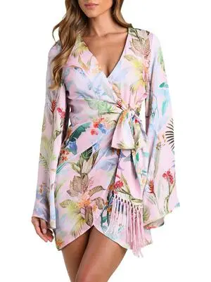 L'Agence Colorful Palms Long Sleeve Cover-up Dress - Pink Multi