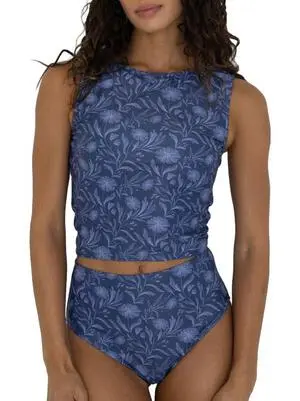 Geode Swimwear Cobalt High Neck Floral Print Tankini Top - Blue