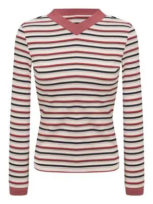 POSITIVE Striped Overlap V-neck Contrast Cuff Top - Russet