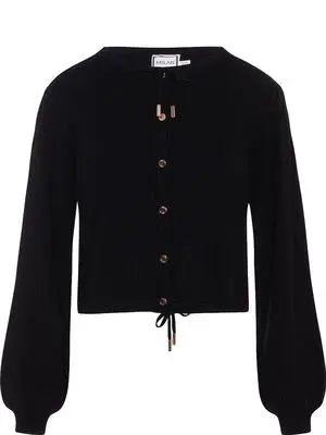 MILAN ITALY Cropped Knit Button Front Drawstring Cardigan - Black