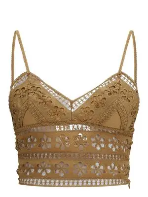 Charo Ruiz Ibiza Melie Top In Cotton Voile And Embroidered Lace - Brown