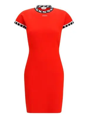Versace Cotton Knit Mini Dress With Geometric Jacquard Trim - Red