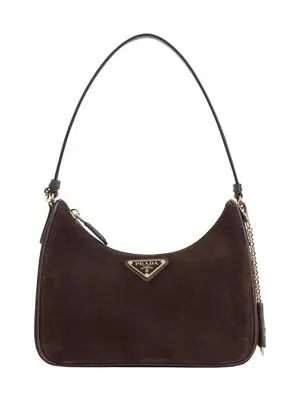Prada Suede Shoulder Bag With Enamel Triangle Logo - Brown