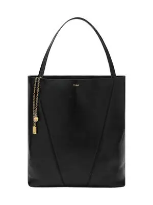 Chloé Black Grained Calfskin Leather Large Tote Bag With Logo Medallions - Blue