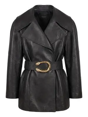 Gucci Leather Jacket With Dionysus Buckle Belt - Black