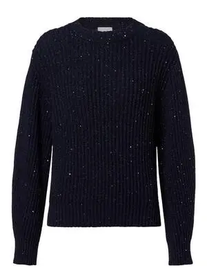 Brunello Cucinelli Sequined Cashmere And Wool-blend Ribbed Crewneck Sweater - Blue