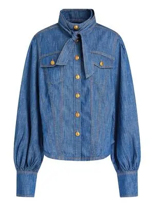 Zimmermann Tie Neck Denim Shirt - Mid Denim