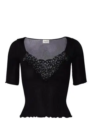 Saint Laurent Lace-trimmed Ribbed-knit Silk Camisole - Black