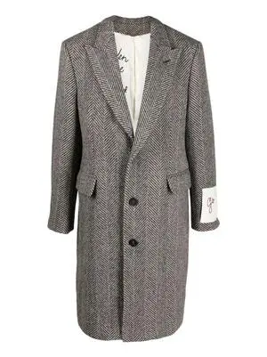 GOLDEN GOOSE Herringbone Patterned Wool Coat With Logo Patch - Gray