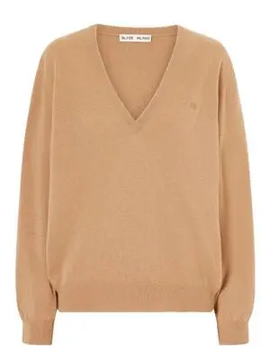 BLAZÉ MILANO Highland Embroidered V-Neck Wool And Cashmere-Blend Sweater Camel