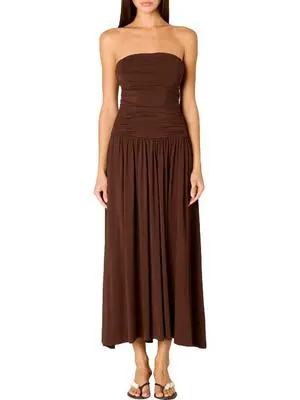 NIA Strapless Ruched Midi Dress - Java