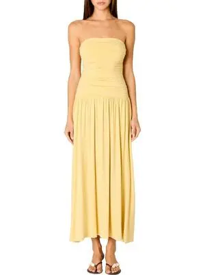 NIA Strapless Ruched Midi Dress - Maize