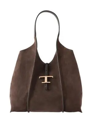 TOD'S T Timeless Medium Suede Shoulder Bag - Brown