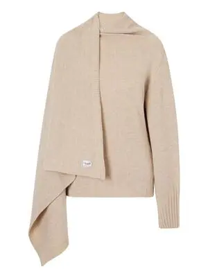 Attico Draped Virgin Wool Sweater With Scarf Detail - Neutrals