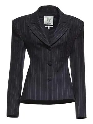 MAISON SEL Stripped Pinstripe Padded Shoulder Blazer - Black