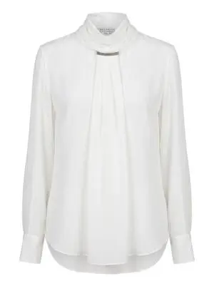 Brunello Cucinelli High Neck Long Sleeve Silk Blouse With Monili Chain Detail - White