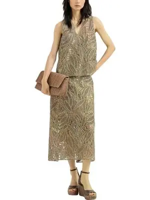 Brunello Cucinelli Embroidered Linen And Cotton Top - Gold