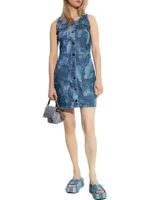 Fendi Floral-print Sleeveless Denim Dress - Blue