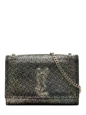 Saint Laurent Small Metallic Chevron Calfskin Monogram Kate Crossbody Bag - Silver