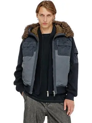 DIESEL® Hooded Padded Jacket With Knitted Sleeves - Blue