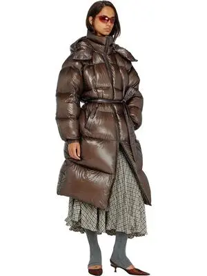 DIESEL® Down Puffer Coat With Removable Hood And Belted Waist - Brown