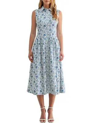 QUINCY MAE Sleeveless Floral Cotton Midi Shirtdress - Blue Floral