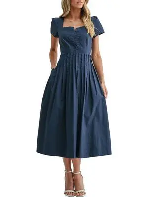 QUINCY MAE Pintuck Cotton Midi Dress - Navy