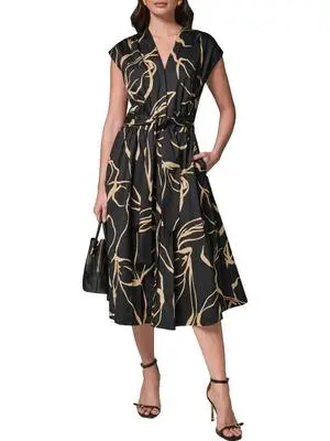 Donna Karan New York Donna Karan New York Abstract Print Stretch Cotton Midi Dress Black/fawn