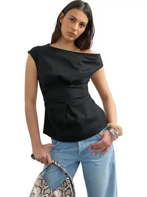Topshop Off-the-shoulder Ruched Pleat Waist Top - Black
