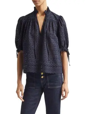 Ulla Johnson Alouette Eyelet Puff Shoulder Top - Midnight