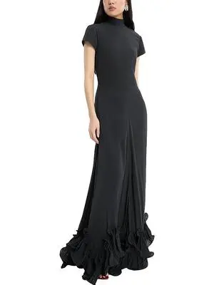 ROTATE BY BIRGER CHRISTENSEN Cap Sleeve Maxi Dress With Ruffled Hem - Black