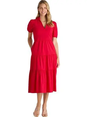 Jude Connally Portia Tiered Midi Dress With Puff Sleeves - Red
