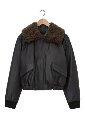 LEMAIRE Zipped Leather Bomber Jacket With Shearling Collar - Espresso