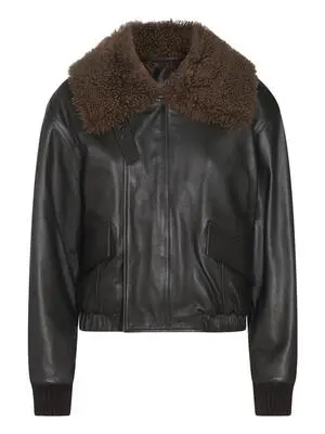 LEMAIRE Zipped Leather Bomber Jacket With Shearling Collar - Espresso